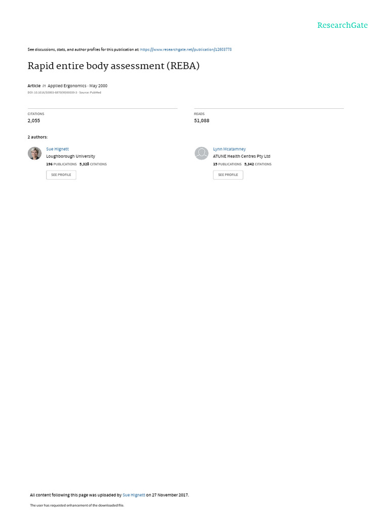 Rapid Entire Body Assessment (REBA) : Applied Ergonomics May 2000 | PDF ...