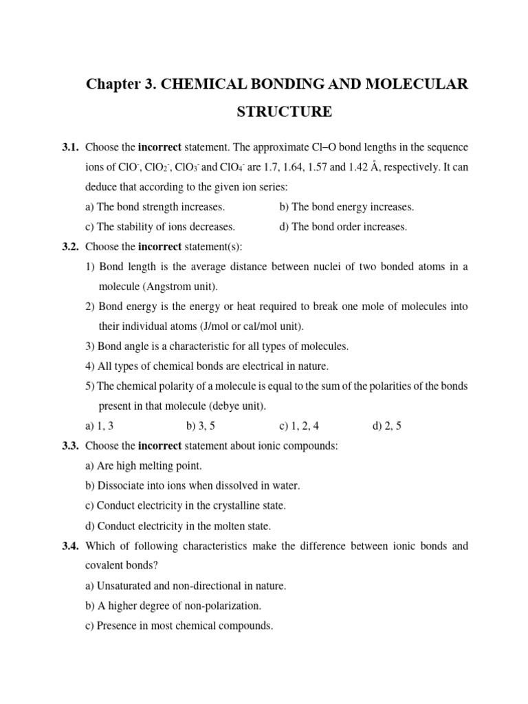 Chapter 3_Chemical Bonding_Exercises | PDF | Chemical Bond | Covalent Bond