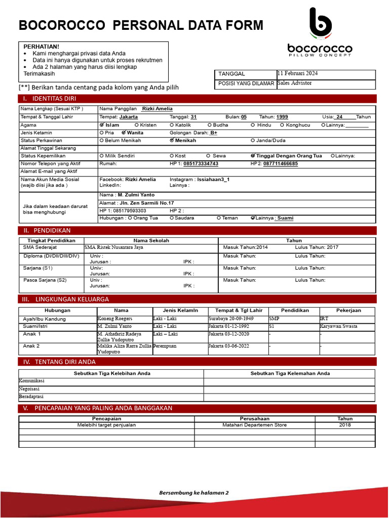 Bocorocco Personal Data Form - Rizki Amelia | PDF