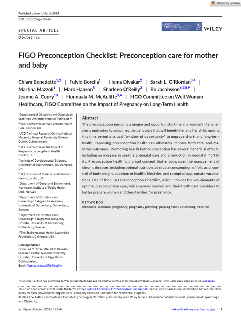 FIGO Preconception Checklist Guide | PDF | Maternal Health | Pregnancy