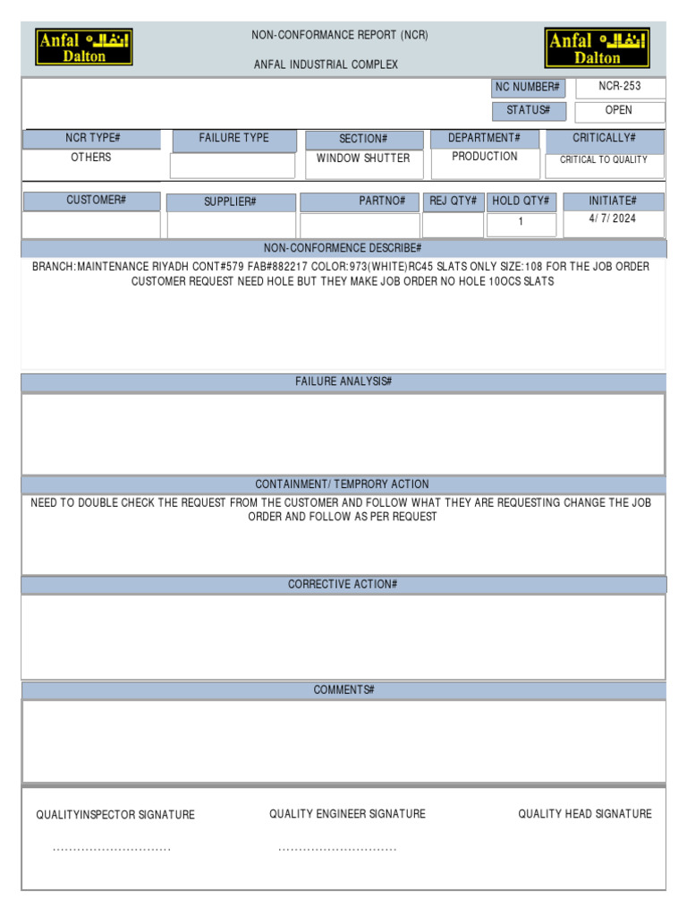Non Conformance Report | PDF