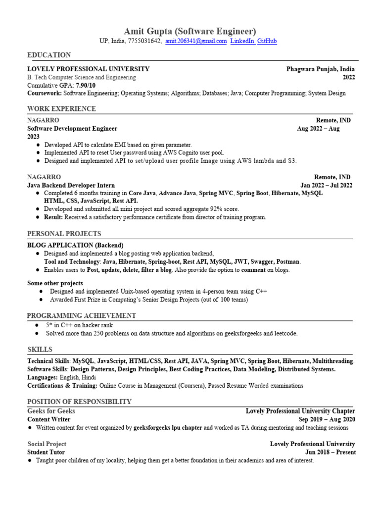 Entry Level Software Engineer Resume | PDF | Software | Java (Programming Language)