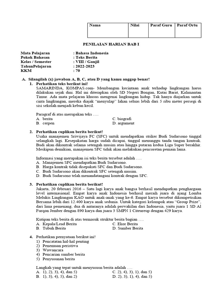 Soal PH 1 Teks Berita B.ind Kelas 8 2022-2023 | PDF