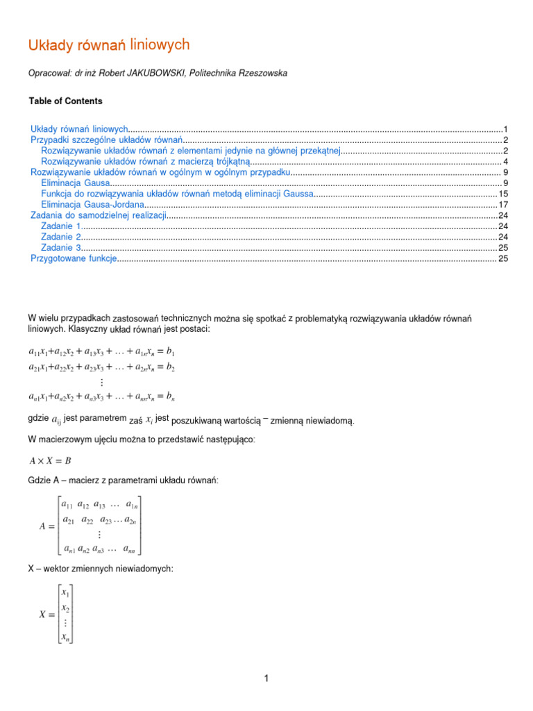 Uklady Rownan Liniowych Wyklad Przyklady 1 | PDF