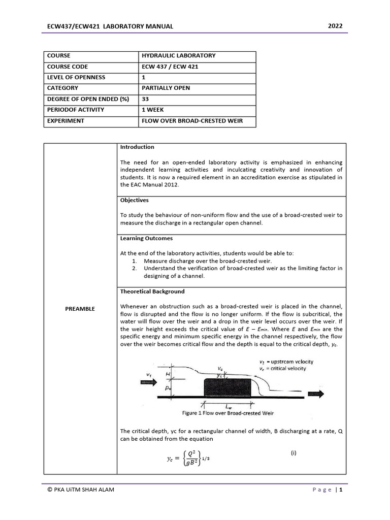 Flow Over Broad-Crested Weir | PDF | Teaching Methods & Materials ...