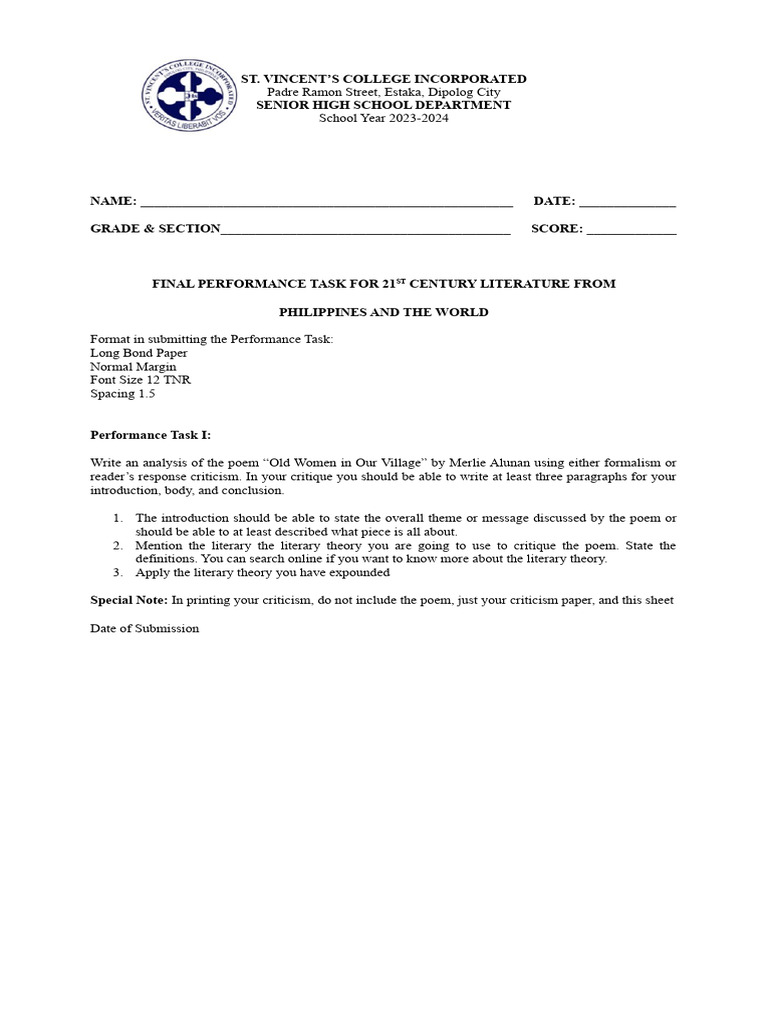 21st Century Literature Performance Task | PDF