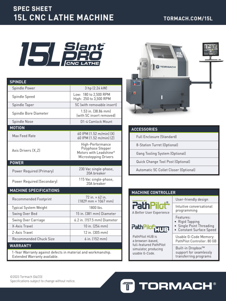 15l Lathe Spec Sheet 0623b | PDF | Metalworking | Tools