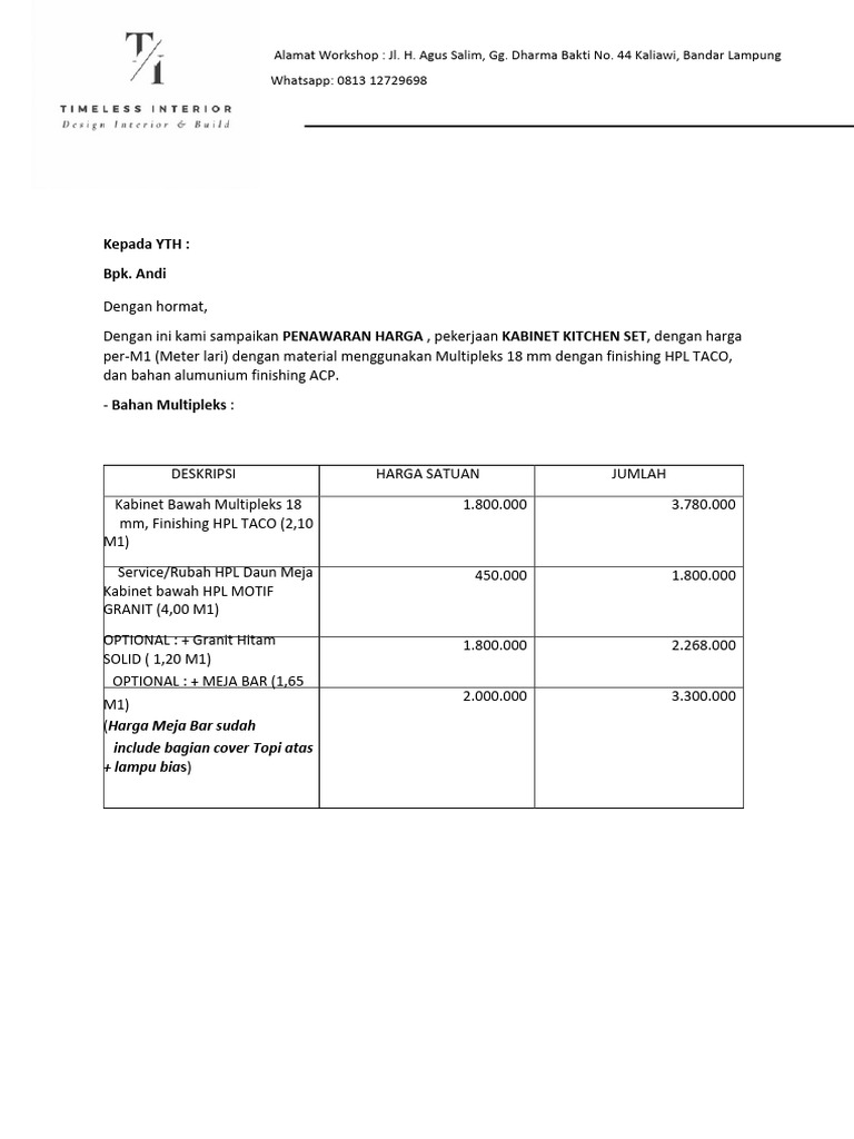 Surat Penawaran Interior (Multipleks) | PDF