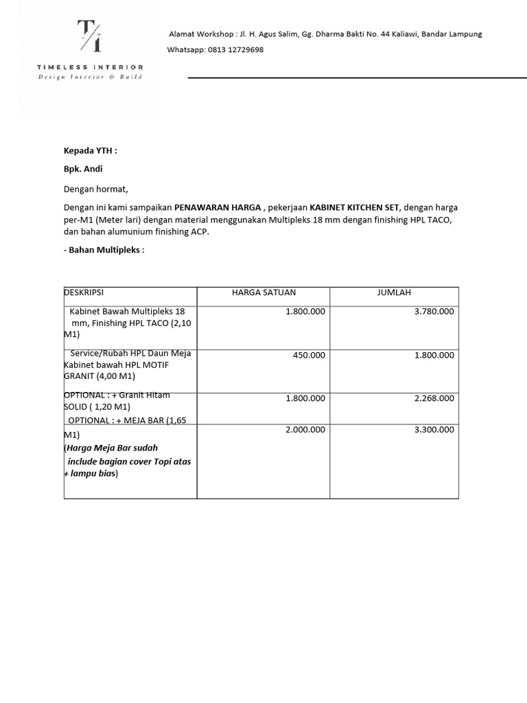 Surat Penawaran Interior (Multipleks) 1 | PDF