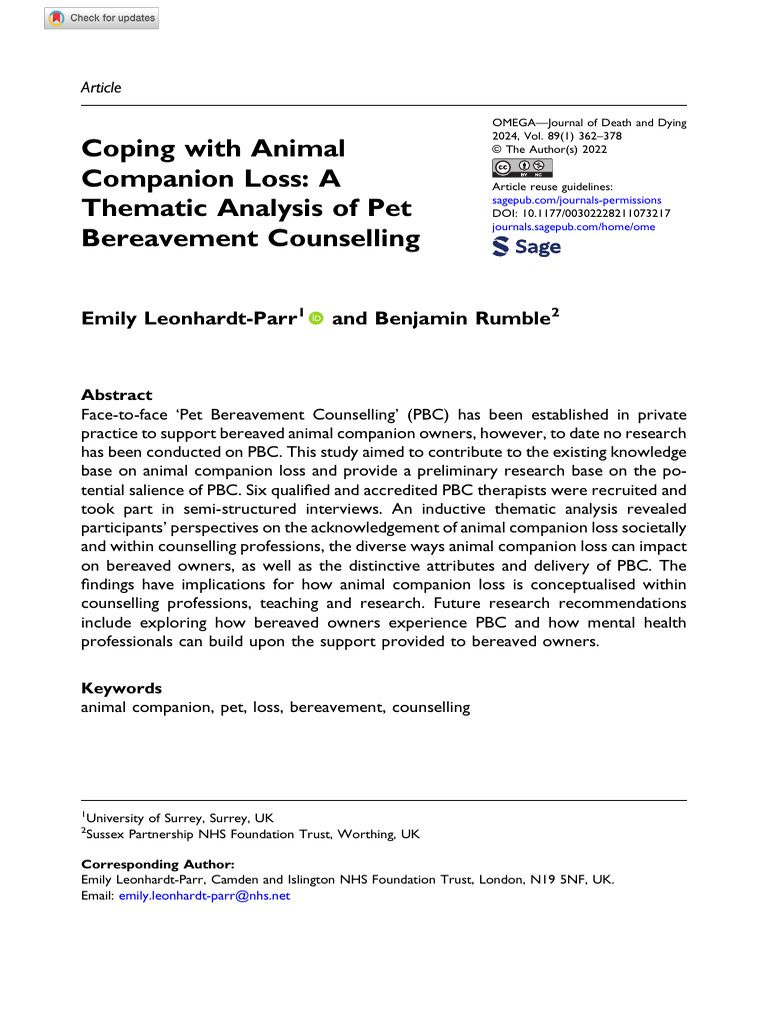 Leonhardt Parr Rumble 2022 Coping With Animal Companion Loss A Thematic ...