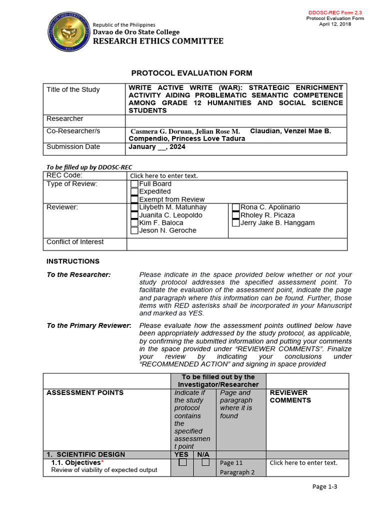 A 2 Protocol Evaluation Form | PDF | Informed Consent | Risk