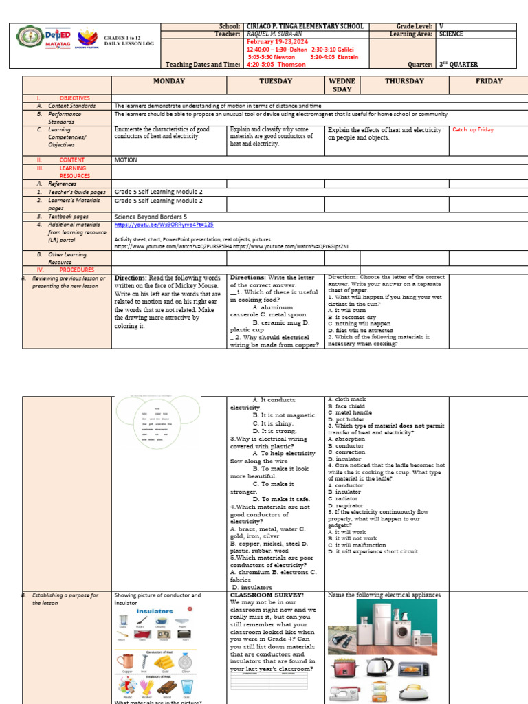 DLL - Science 5 - Q3 - Week 4 - February 19-23 - 2023-2024 | PDF | Electrical Resistivity And ...