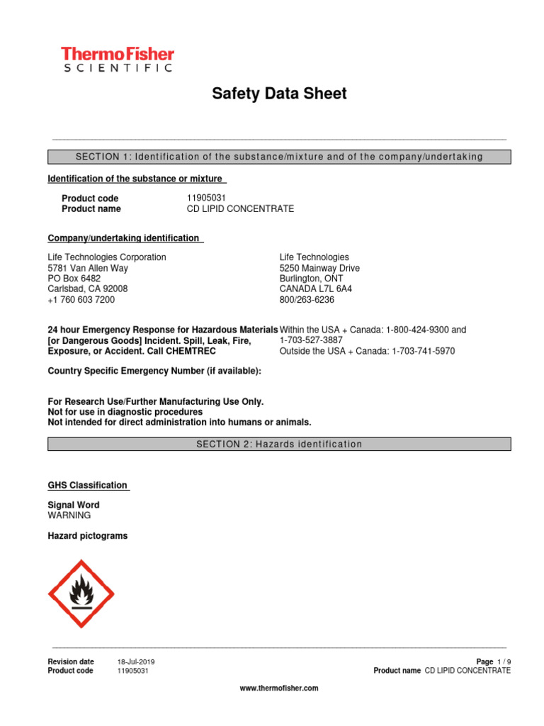 Safety Data Sheet: Revision Date Page 1 / 9 Product Code Product Name CD Lipid Concentrate ...