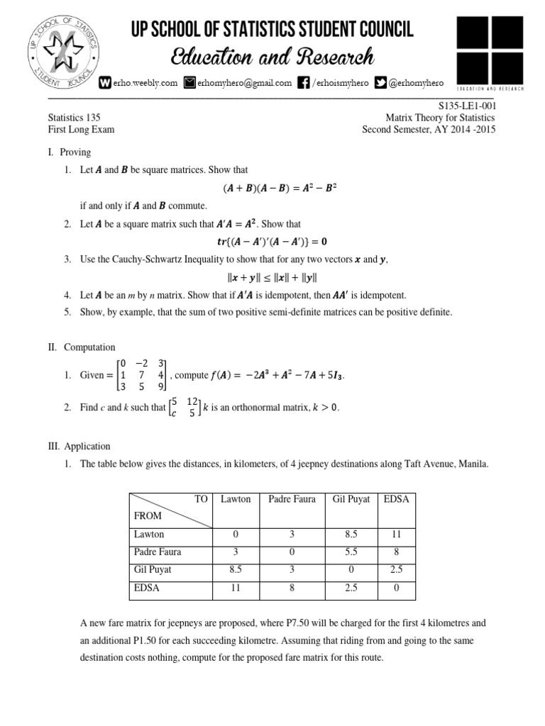 Stat 135 Le 1 Samplex 001 Pdf Matrix Mathematics Algebra