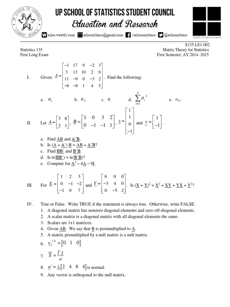 Statistics Matrix Theory Exam | PDF | Matrix (Mathematics) | Mathematical Physics