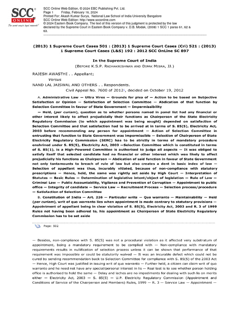 Rajesh Awasthi vs. Nand Lal Jaiswal and Ors., (2013) 1 SCC 501 | PDF ... Rajesh Awasthi vs. Nand Lal Jaiswal and Ors., (2013) 1 SCC 501 | PDF ...