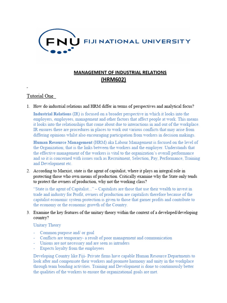 Management of Industrial Relations: Tutorial One | PDF | Employment ...