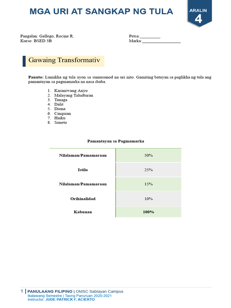Panulaang Filipino Gawain Module 4 | PDF