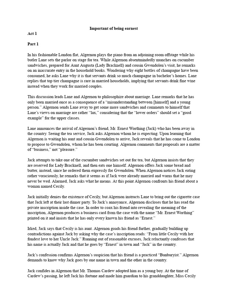 Act 1 Summary of Earnest | PDF | The Importance Of Being Earnest