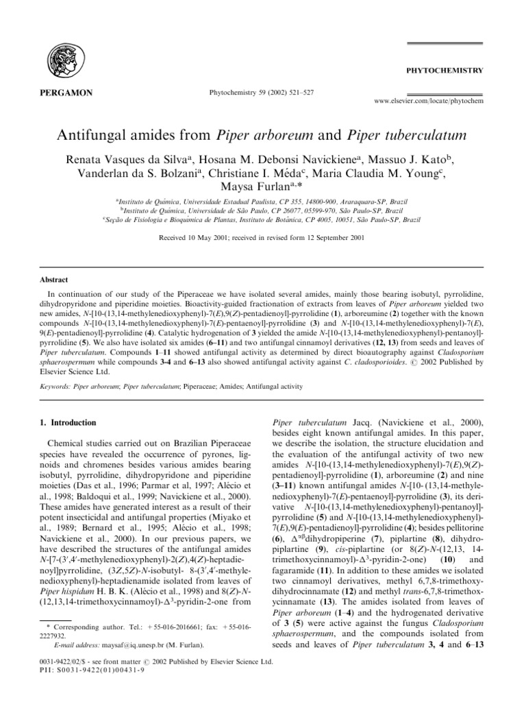Antifungal Amides From Piper Tuberculatum, Vasquesdasilva2002 | PDF ...