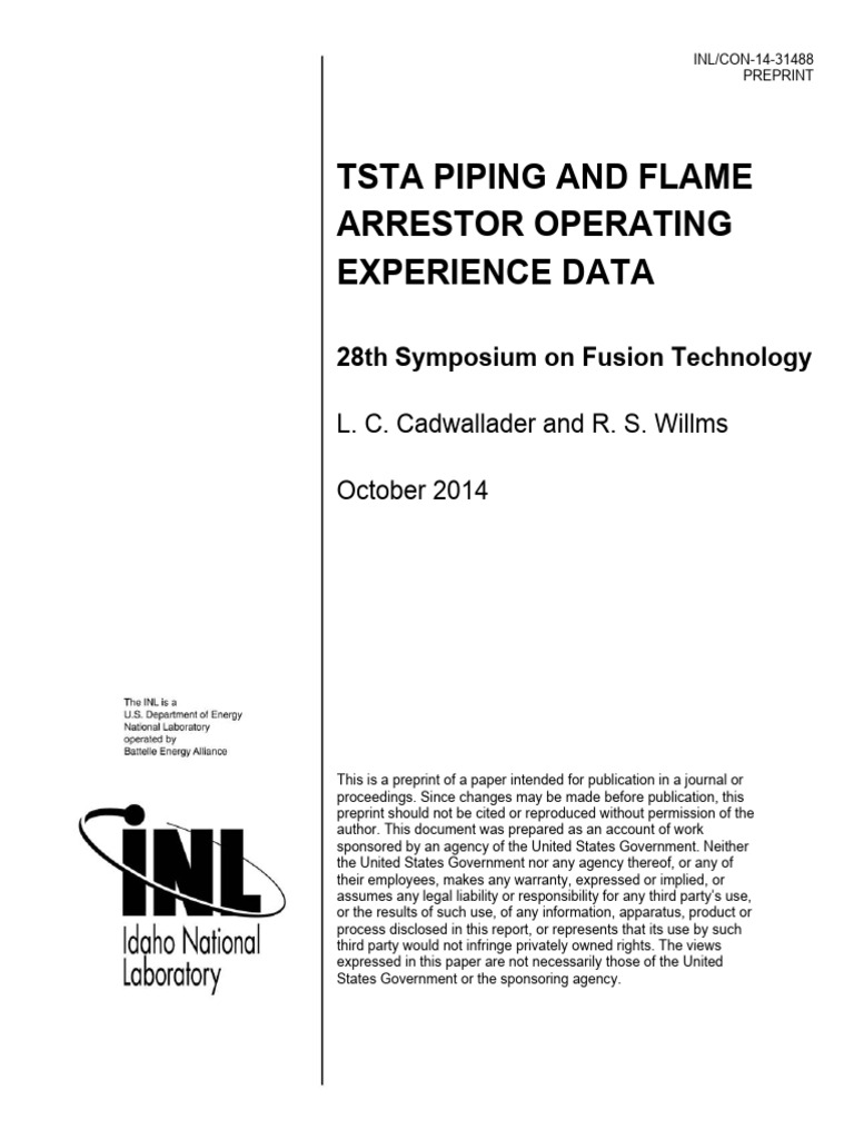 Tsta Piping and Flame Arrestor Operating Experience Data: 28th ...