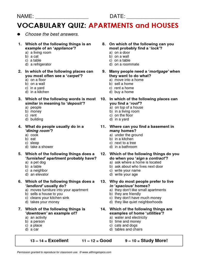 Vocabulary Quiz: Apartments & Houses | PDF | Room | Apartment