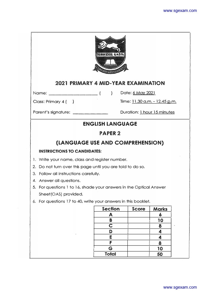 2021-P4-English-Semestral Assessment 1-Tao Nan | PDF