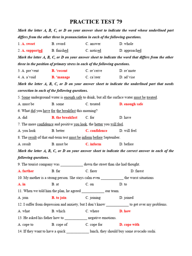 Practice Test 79.đáp Án | PDF | Meat | Fat