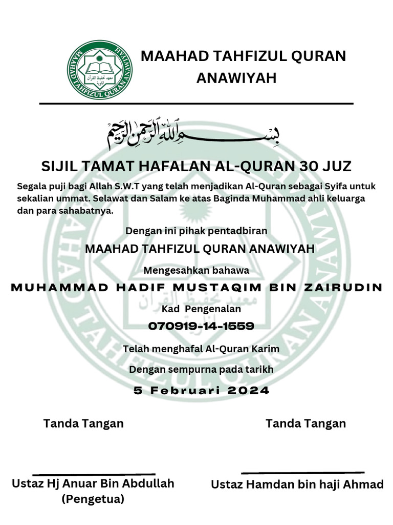 Muhammad Hadif Mustaqim Bin Zairudin | PDF