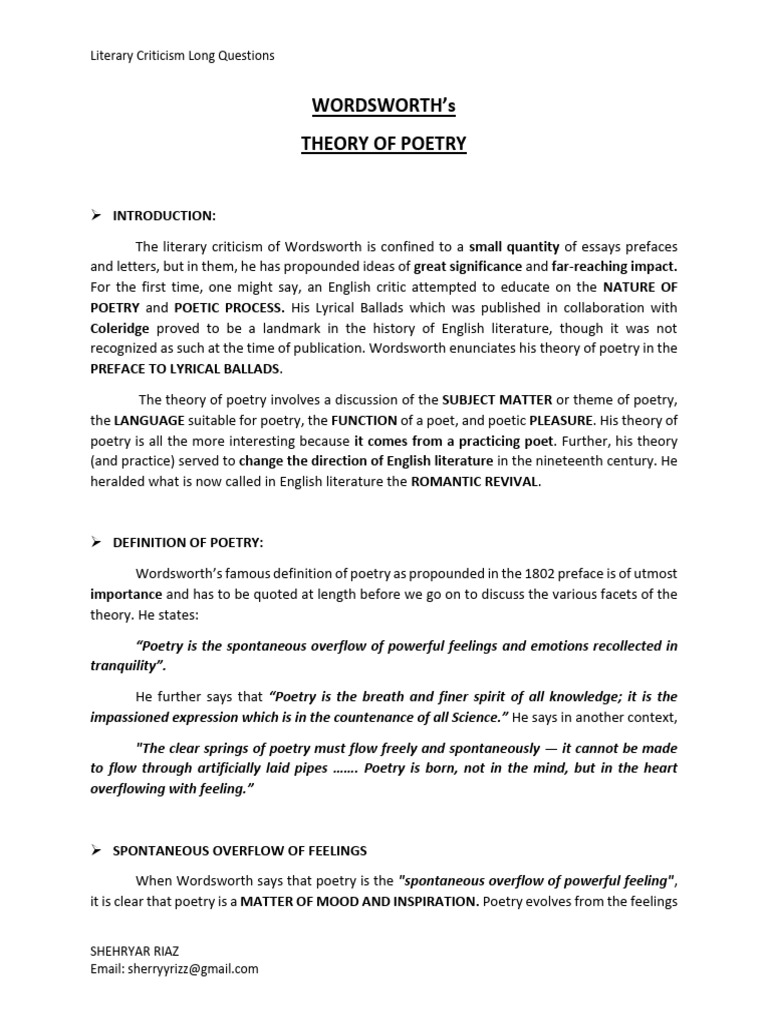Wordsworth Theory of Poetry | PDF | Poetry | William Wordsworth