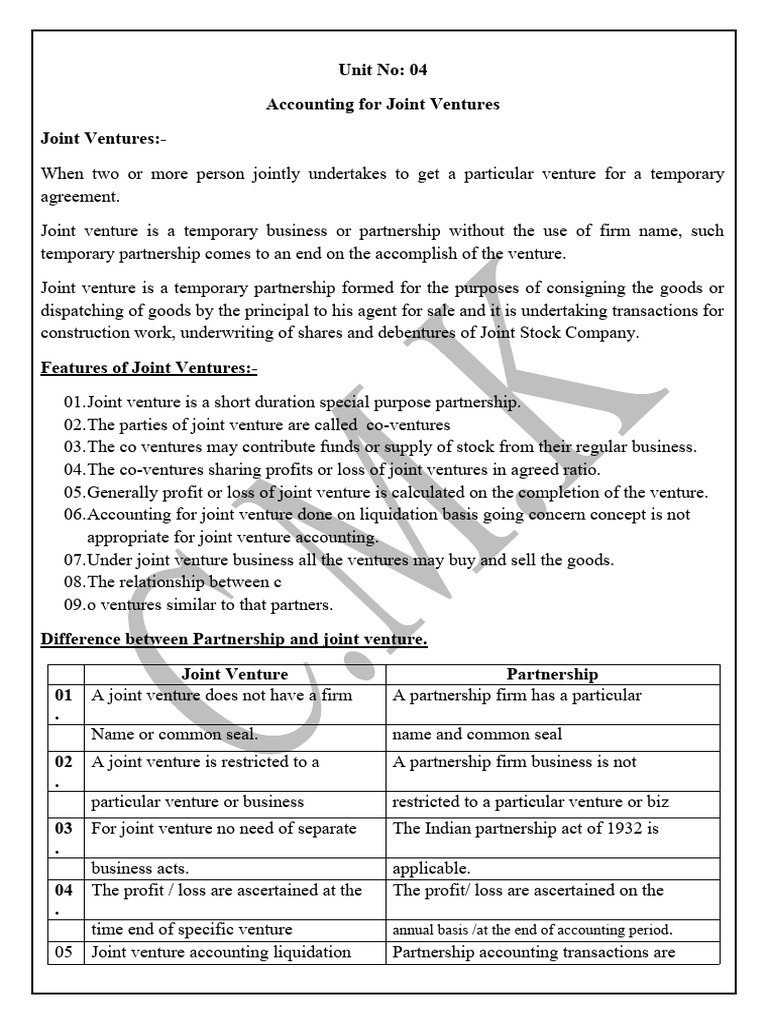 Joint Ventures 2nd Sem Bcom | PDF | Debits And Credits | Partnership Joint Ventures 2nd Sem Bcom | PDF | Debits And Credits | Partnership