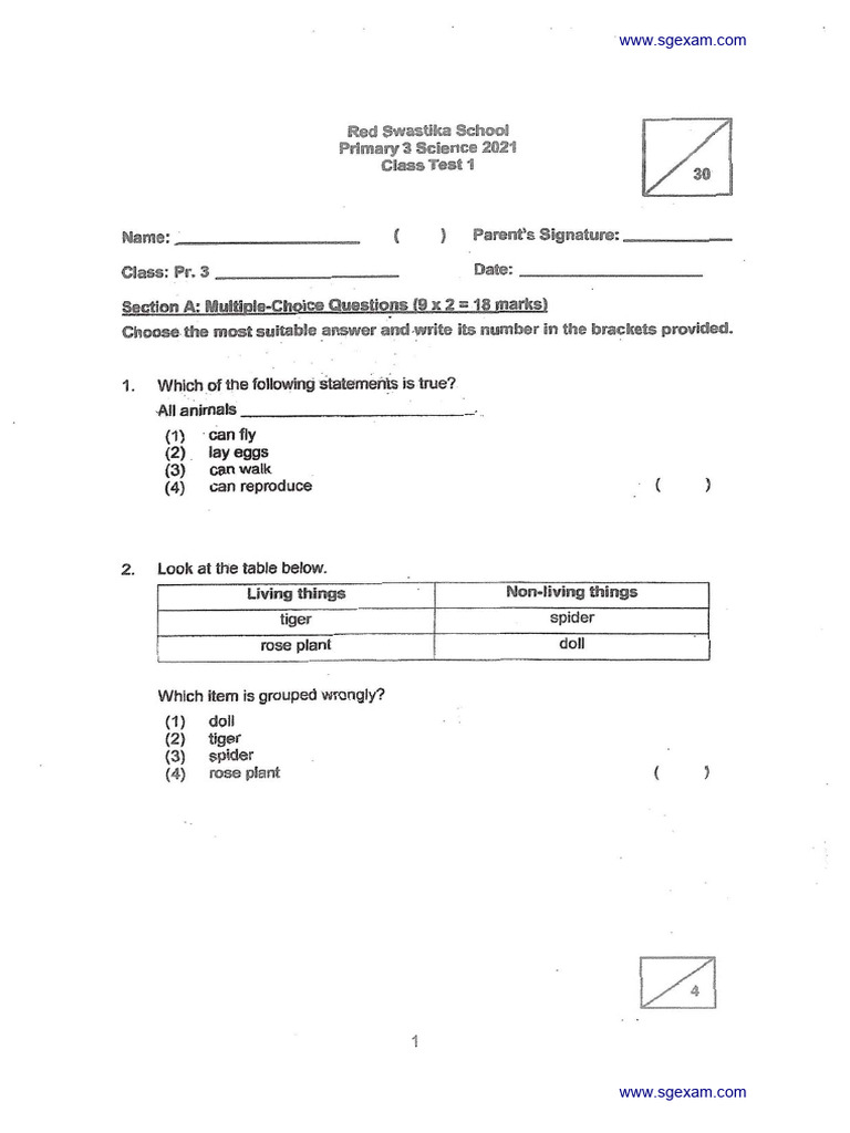 2021-P3-Science-Class Test-Red Swastika | PDF