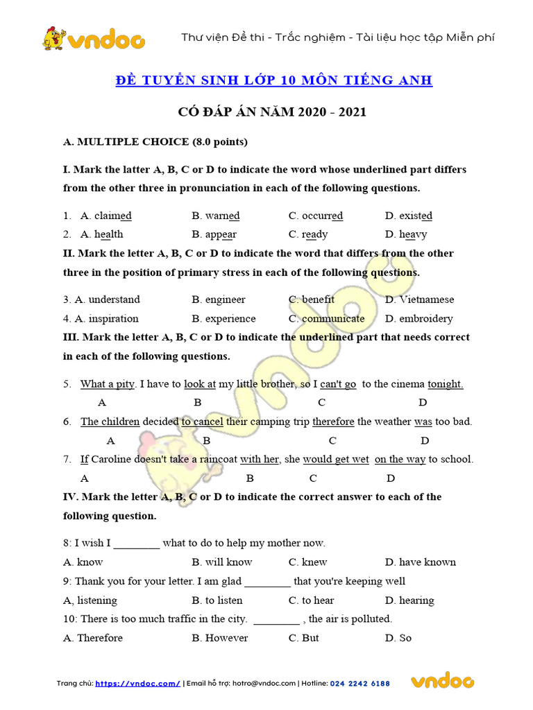De Luyen Thi Vao Lop 10 Mon Tieng Anh Nam 2020 2021 So 13 | PDF | Teachers