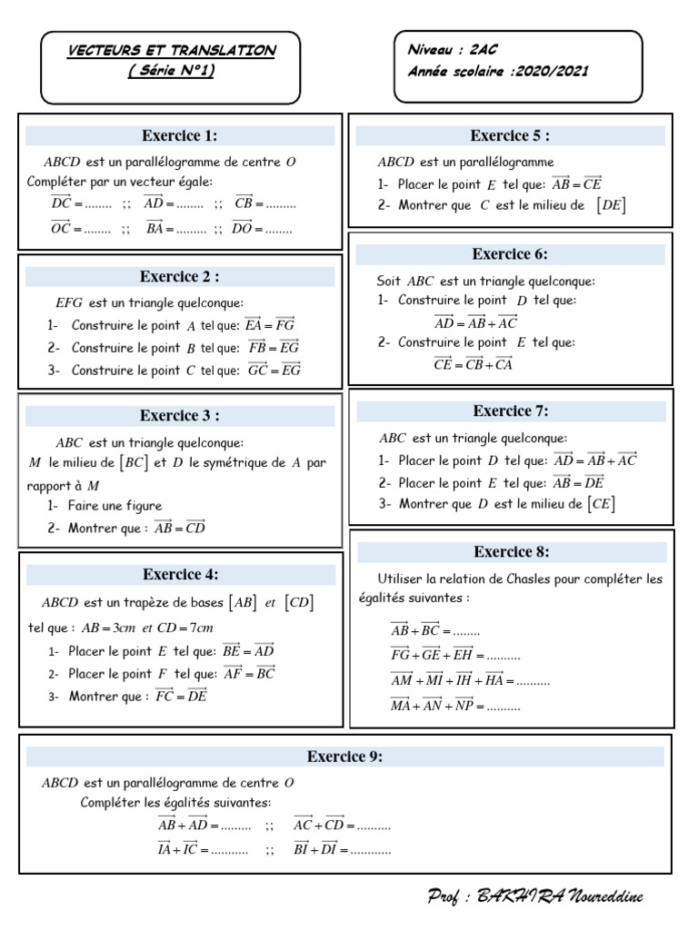 Vecteurs Et Translation Exercices 2AC Maths 1 | PDF | Géométrie ...