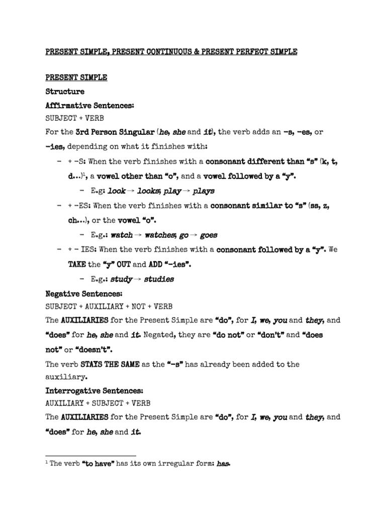 Tenses: Present Simple, Continuous, Perfect | PDF | Verb | Consonant