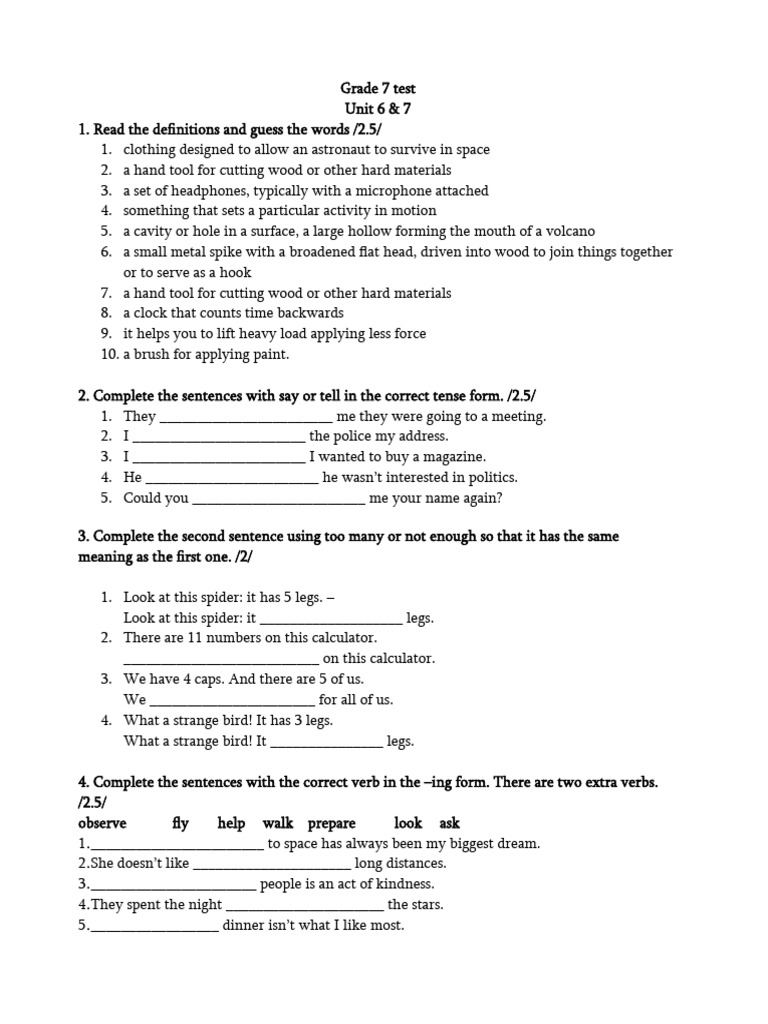 Grade-7-Unit-6-7 Test | PDF | Linguistics | Syntax