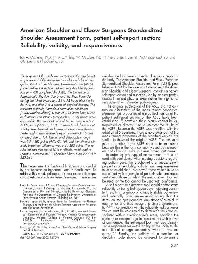 Michener 2002 American Shoulder and Elbow Surgeons Standardized ...