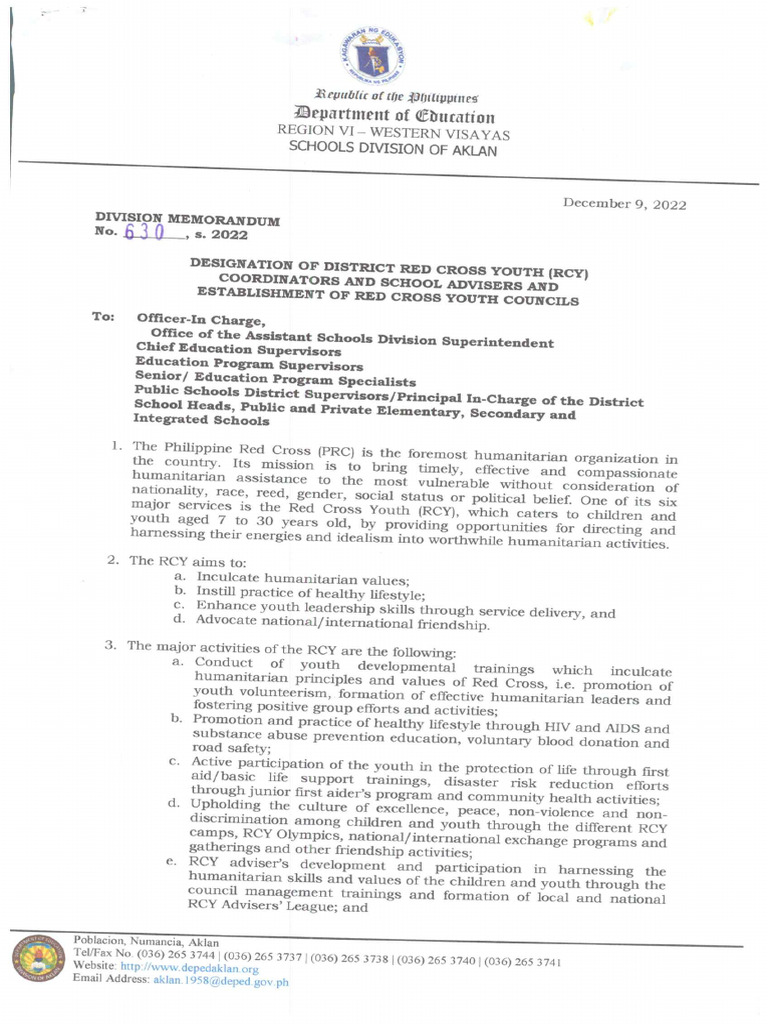 DepEd Div. Memo No. 630 Designation of District Red Cross Youth ...