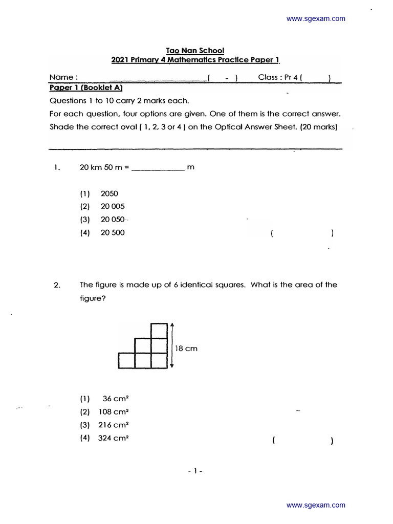 2021-P4-Maths-CA1-Tao Nan | PDF