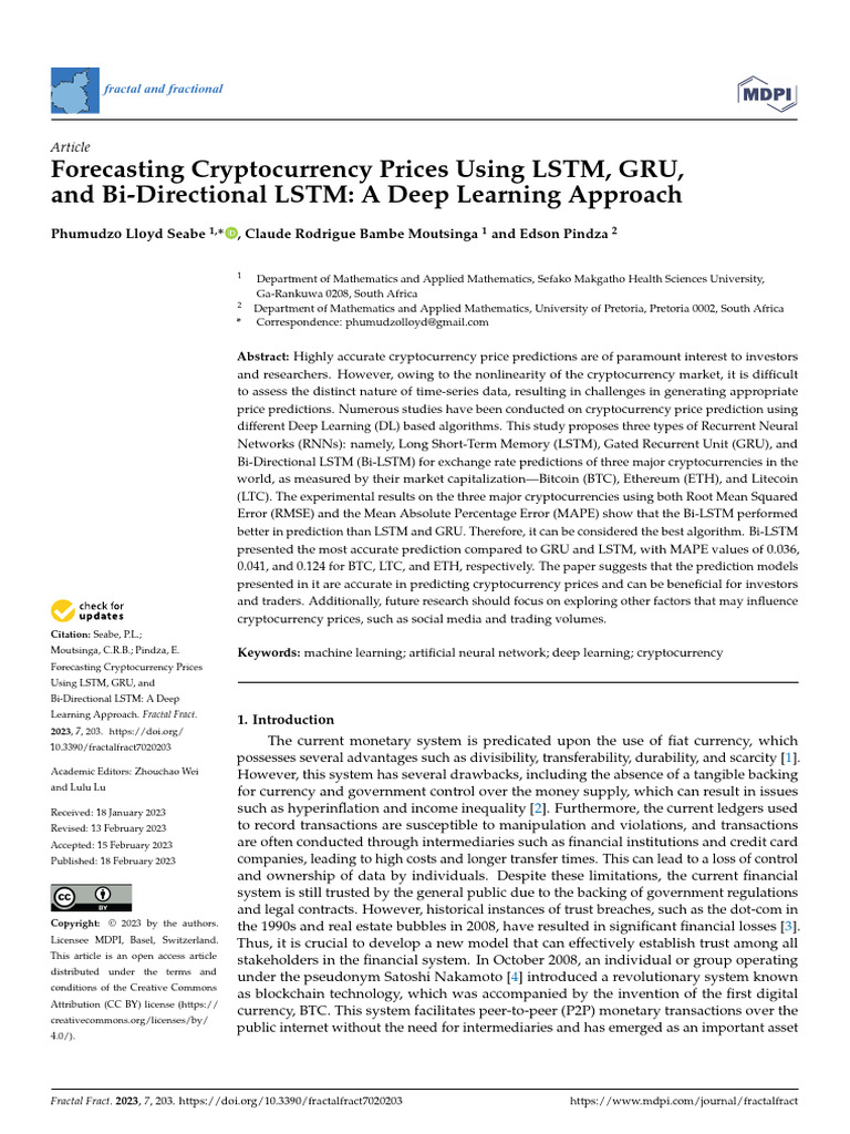 2023.02 Forecasting Cryptocurrency Prices Using LSTM, GRU, and Bi-Directional LSTM | PDF | Big ...