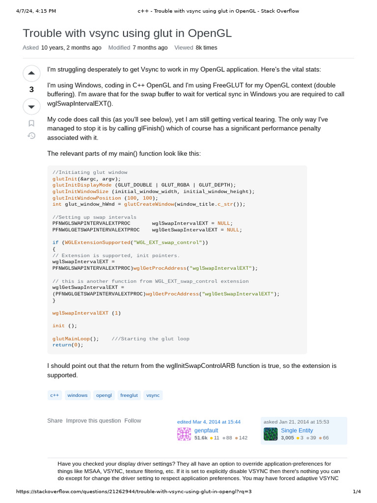 C++ - Trouble With Vsync Using Glut in OpenGL - Stack Overflow | PDF | Computer Architecture ...