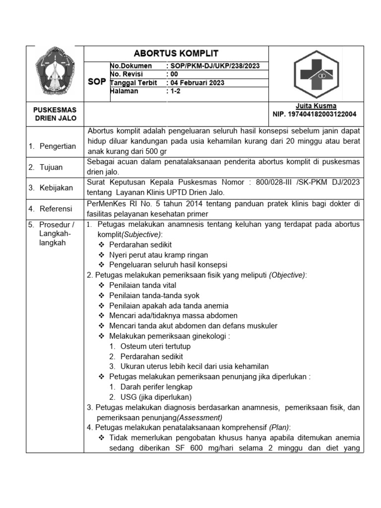 Sop Abortus Komplit | PDF | Kesehatan Holistik