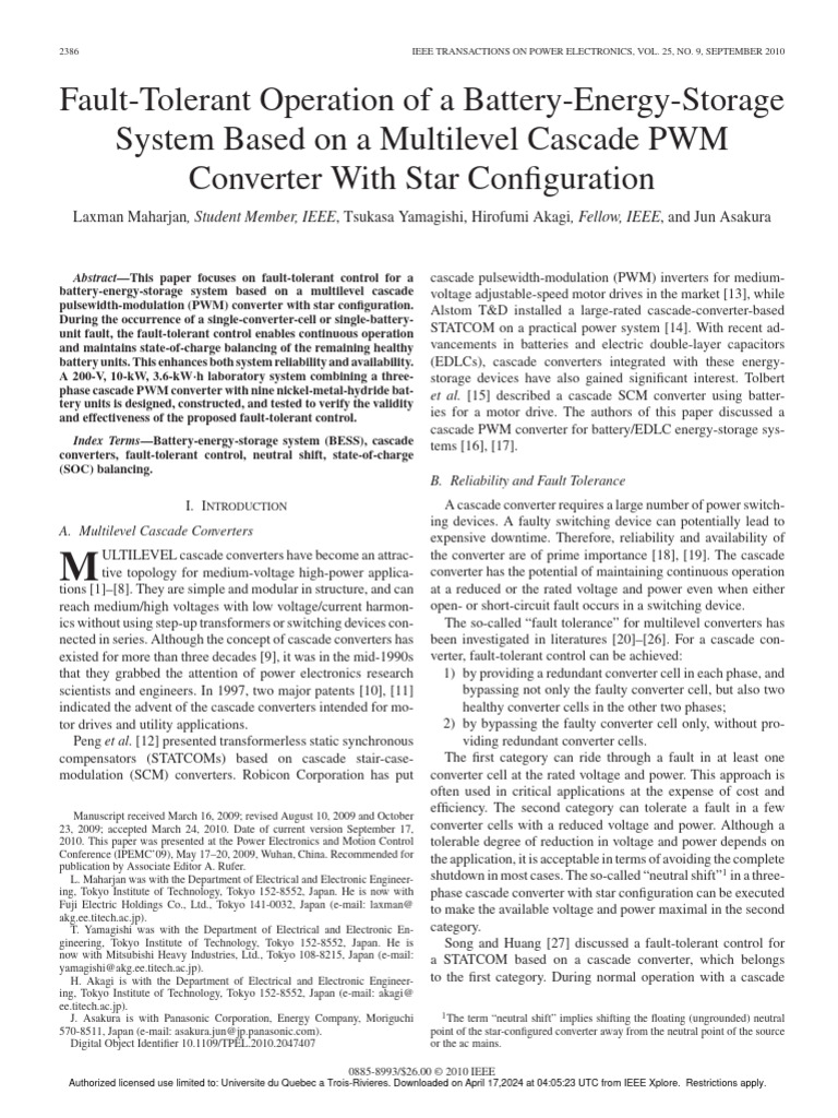 Fault Tolerant Operation Of A Battery Energy Storage System Based On A