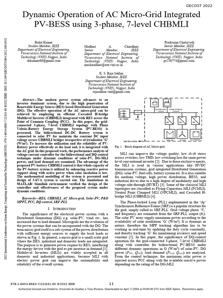 Dynamic Operation of AC Micro-Grid Integrated PV-BESS Using 3-Phase97-Level CHBMLI | PDF ...