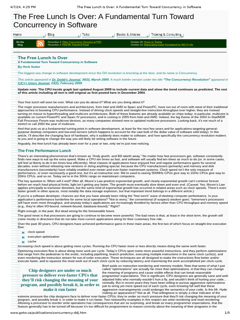 The Free Lunch Is Over - A Fundamental Turn Toward Concurrency in Software | PDF | Central ...