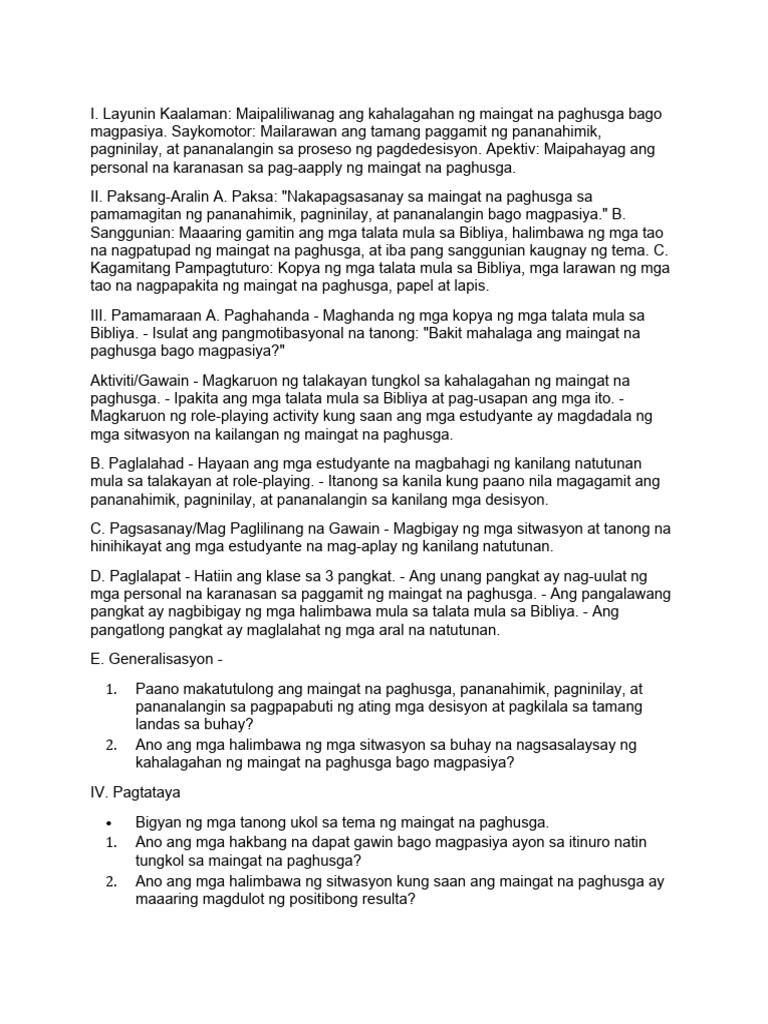 Maipaliliwanag Ang Kahalagahan NG Maingat Na Paghusga Bago Magpasiya | PDF