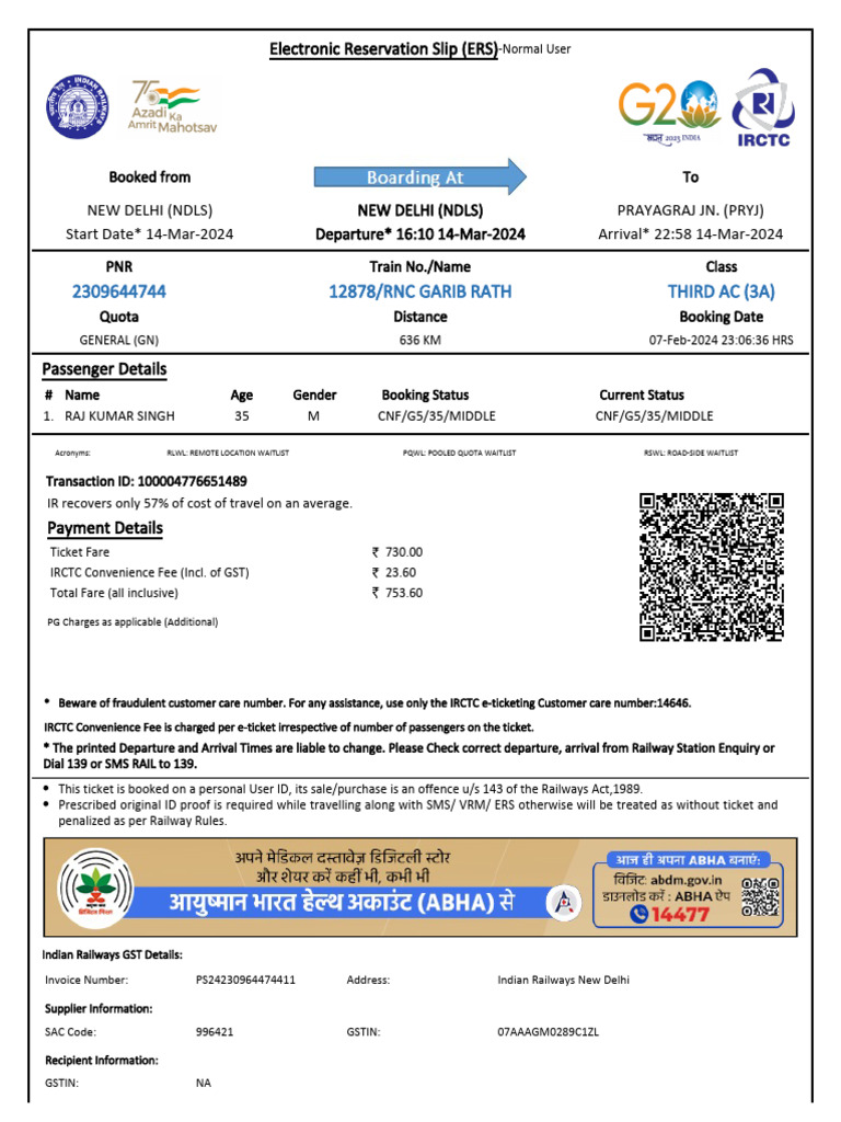 12878/Rnc Garib Rath Third Ac (3A) | PDF | Identity Document