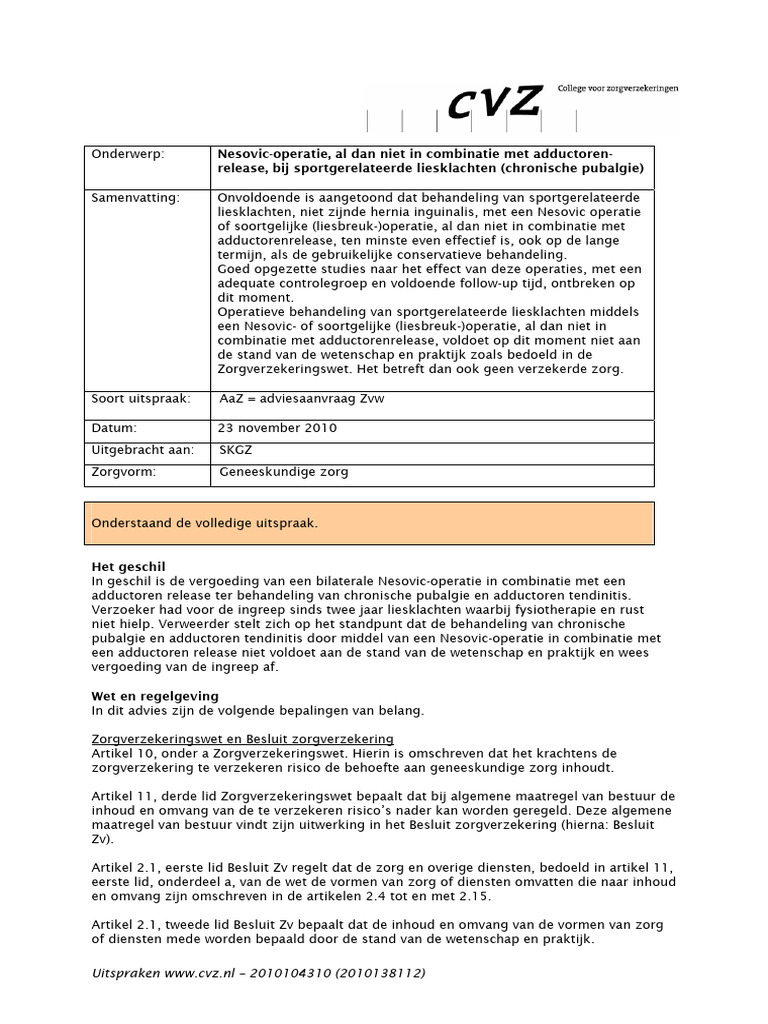 Nesovic-Operatie, Al Dan Niet in Combinatie Met Adductorenrelease, Bij Sportgerelateerde ...