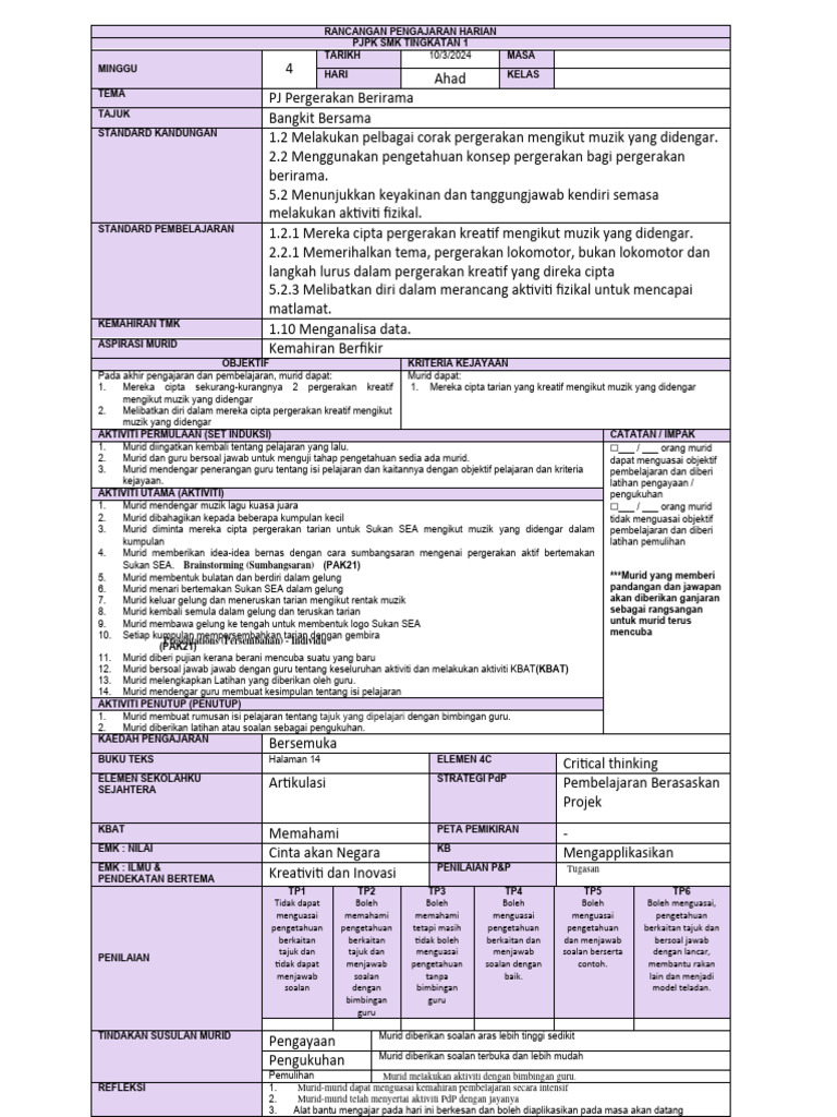 RPH SMK Minggu 4 PJPK Tingkatan 1 2024 2025 by Cikgu Gorgeous | PDF