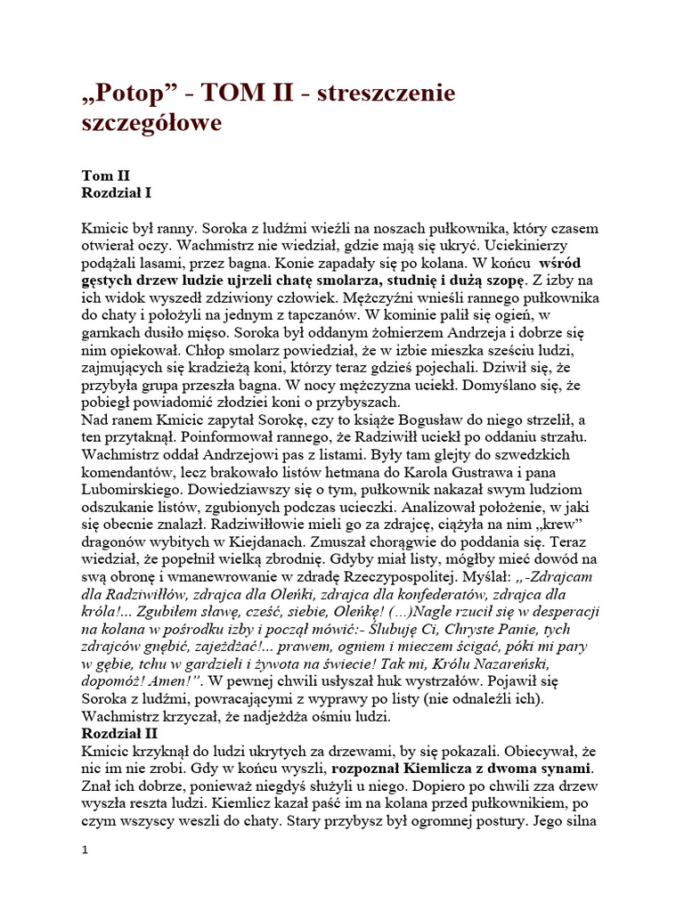 Potop Tom 2 Streszczenie Szczegółowe | PDF